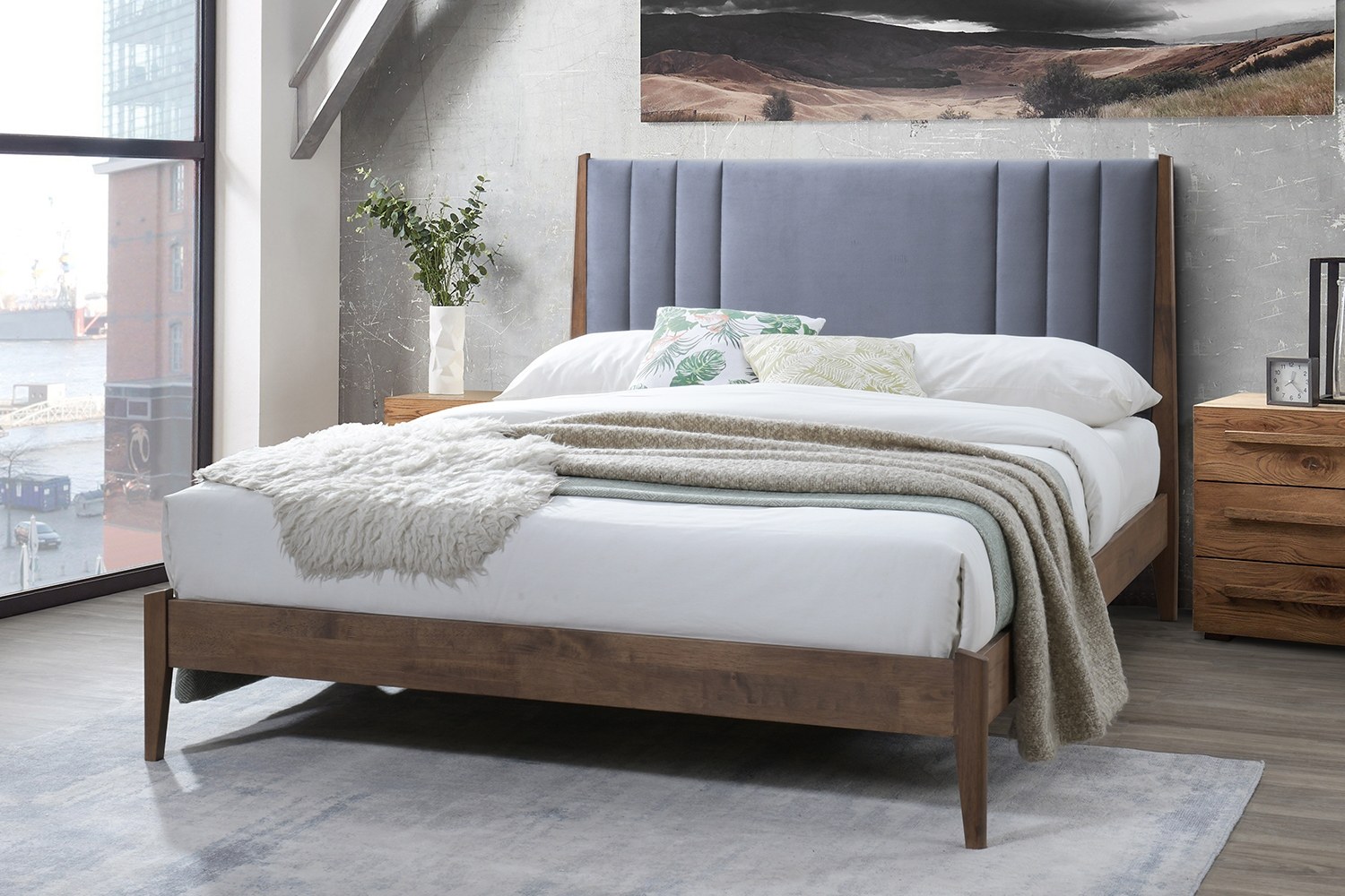 Landywood Dark Wood Bed Frame with Dark Grey Velvet Headboard | Furniture World