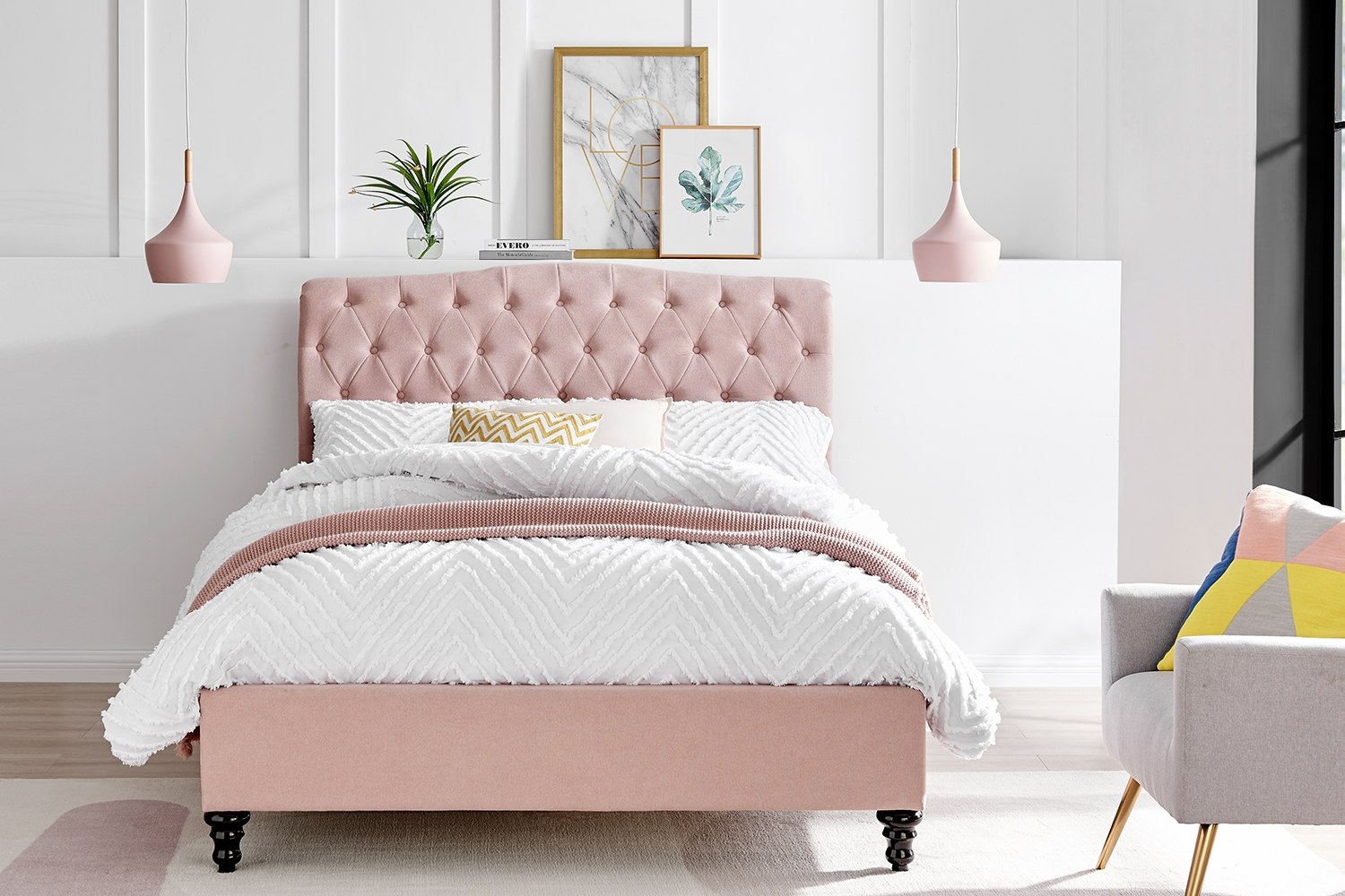 Rosalie Fabric Bed Frame in Pink | Furniture World