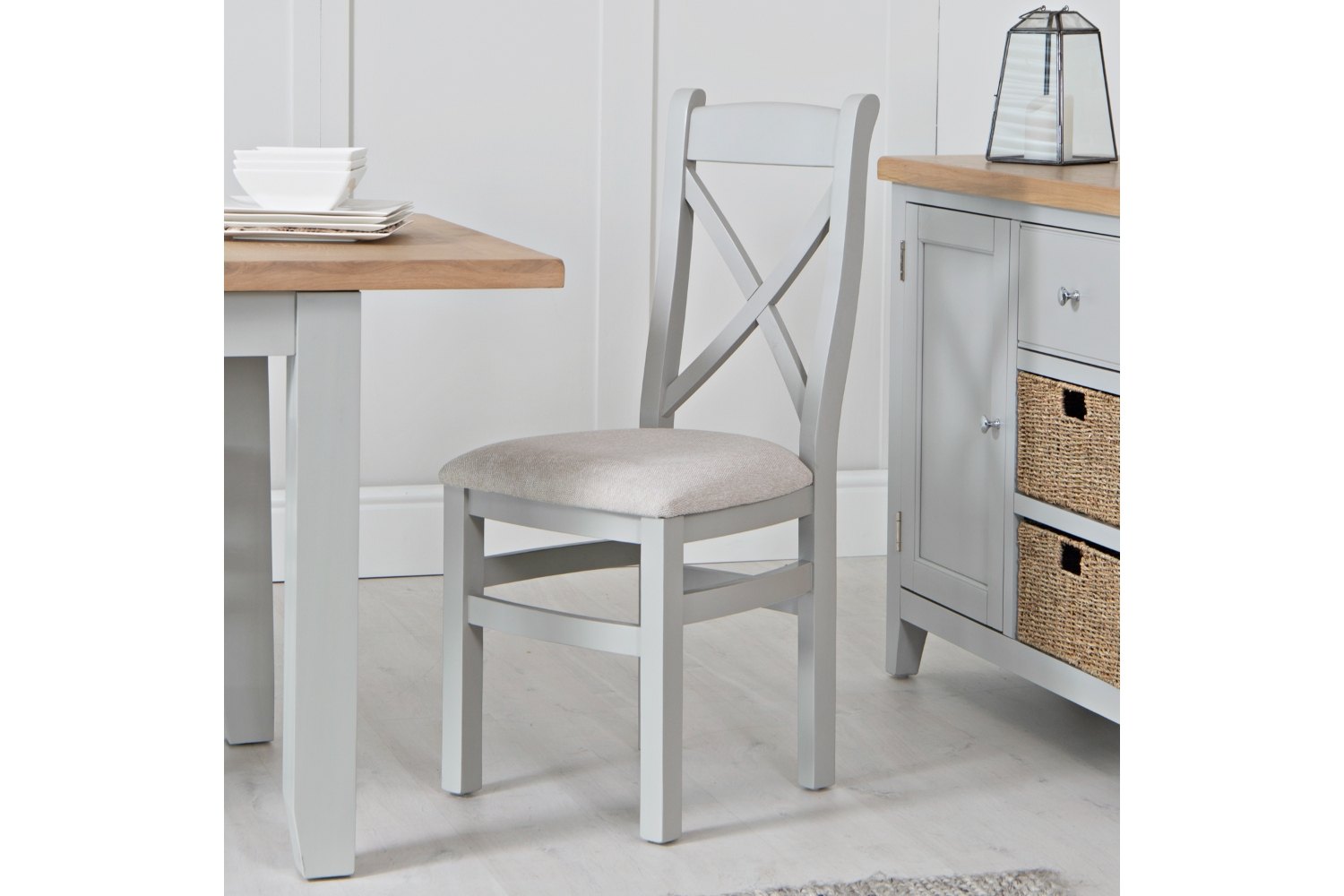 Eton Painted Grey Oak Cross Back Dining Chair with Fabric Seat - Furniture World