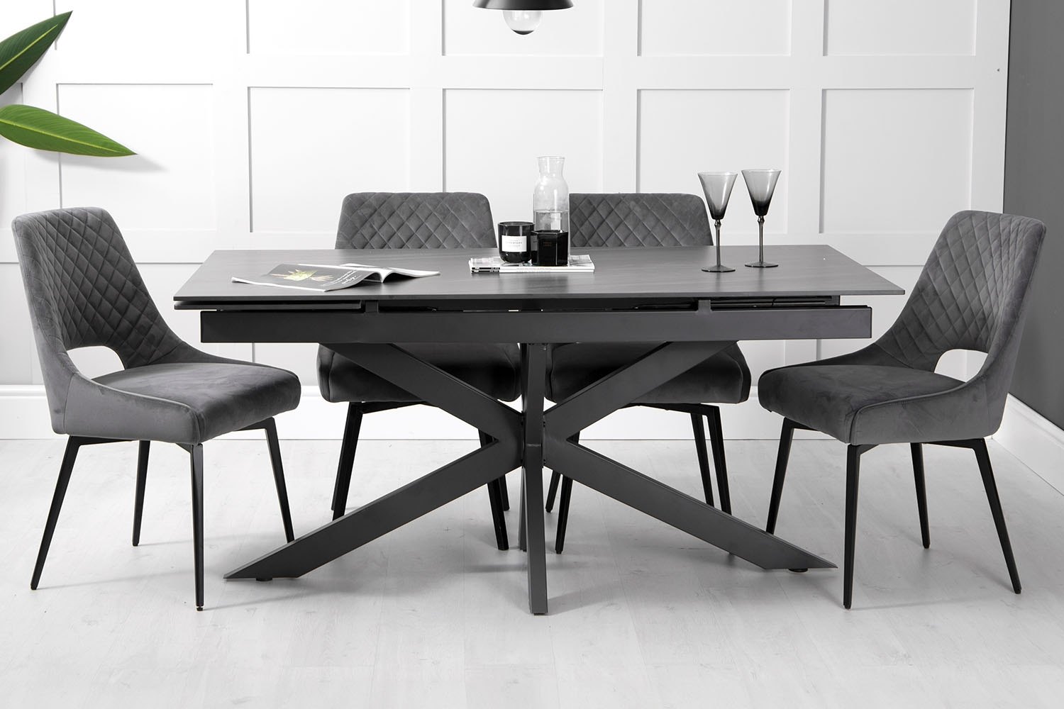 1.6m Extending Sintered Stone Grey Dining Table Set & Graphite Velvet ...