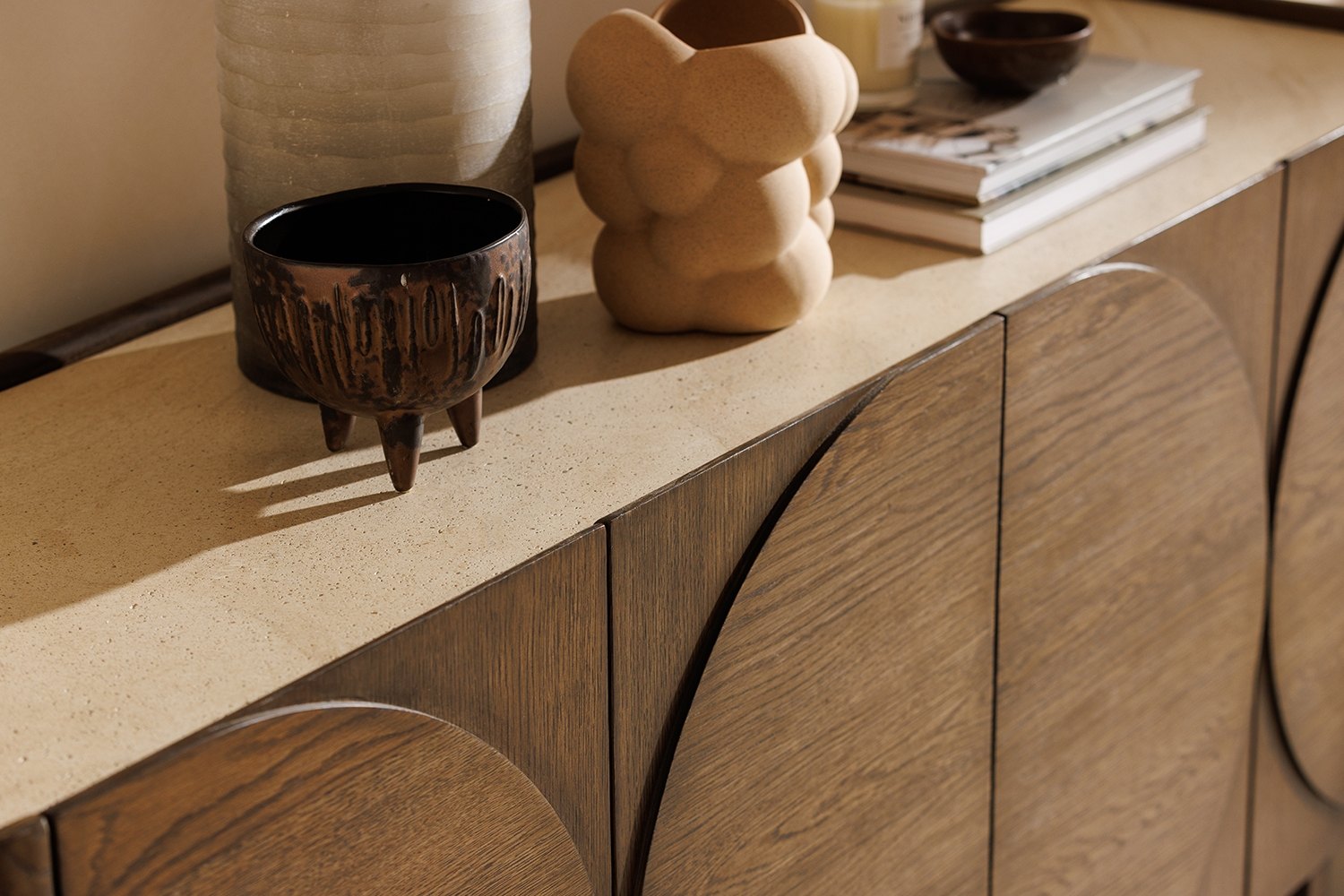 Idless Walnut Finish Wide Sideboard with Travertine IDA | Furniture World