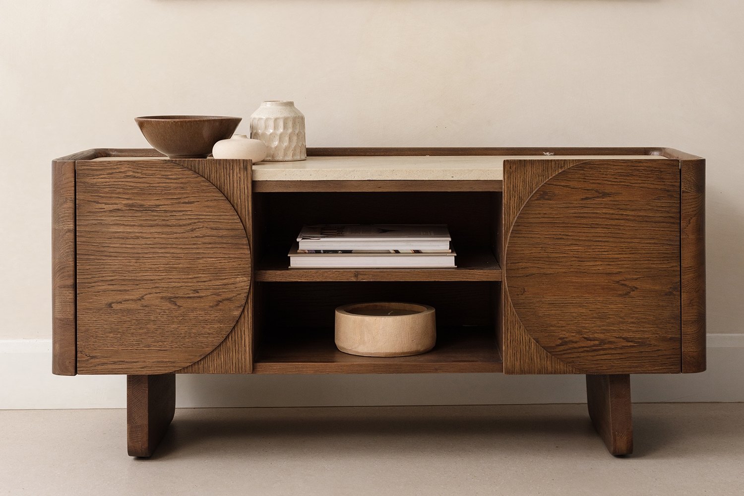 Idless Walnut Finish TV Unit with Travertine Stone IDA | Furniture World