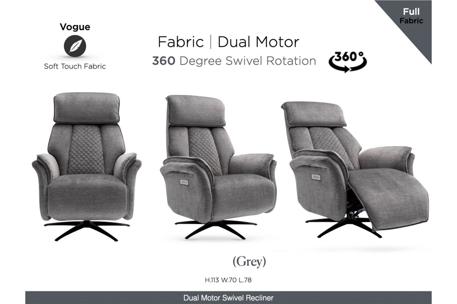 Evo Soft Touch Fabric 360 Swivel Dual Motor Electric Recliner Chair in ...
