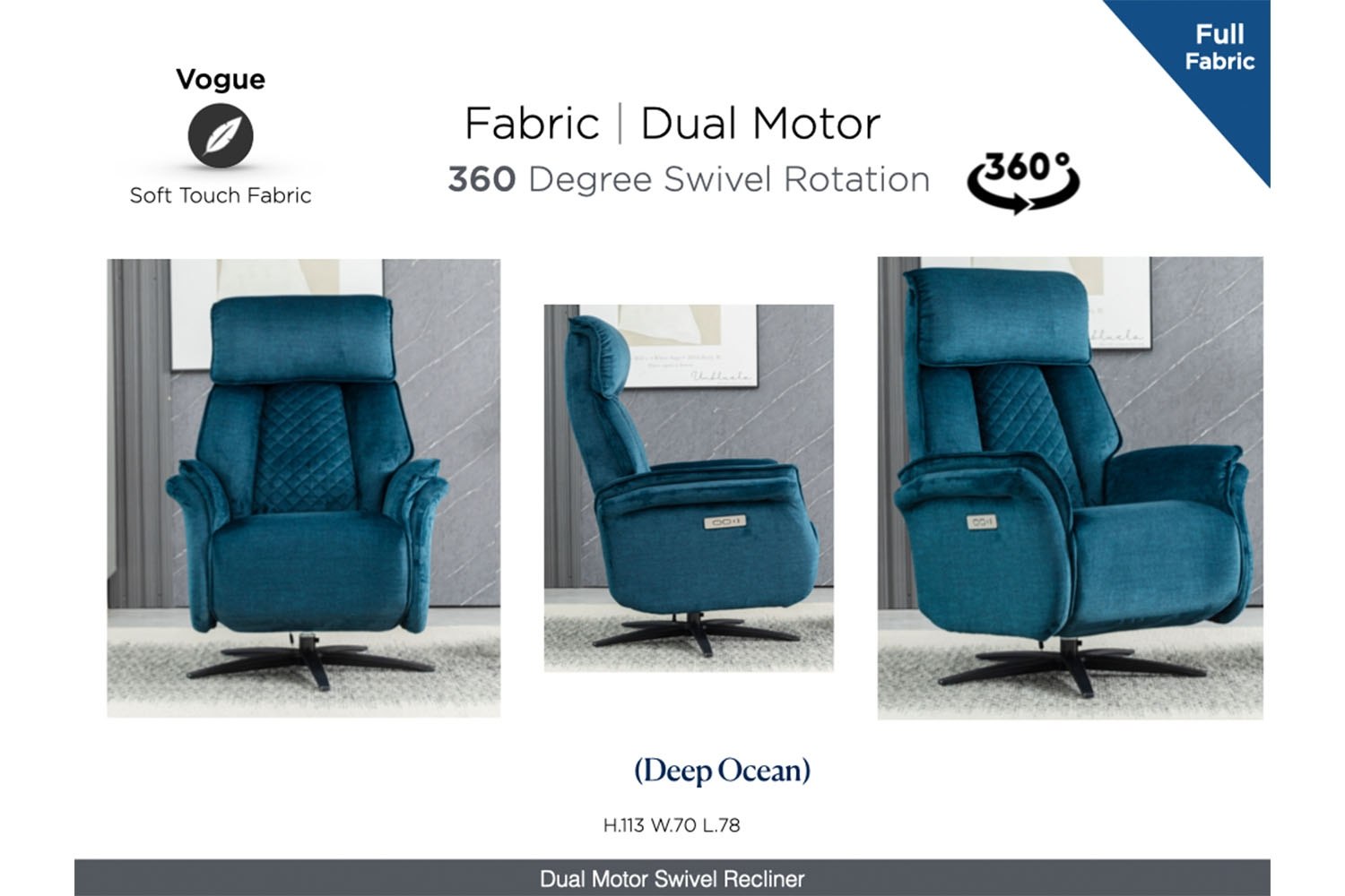 Evo Soft Touch Fabric 360 Swivel Dual Motor Electric Recliner Chair in ...