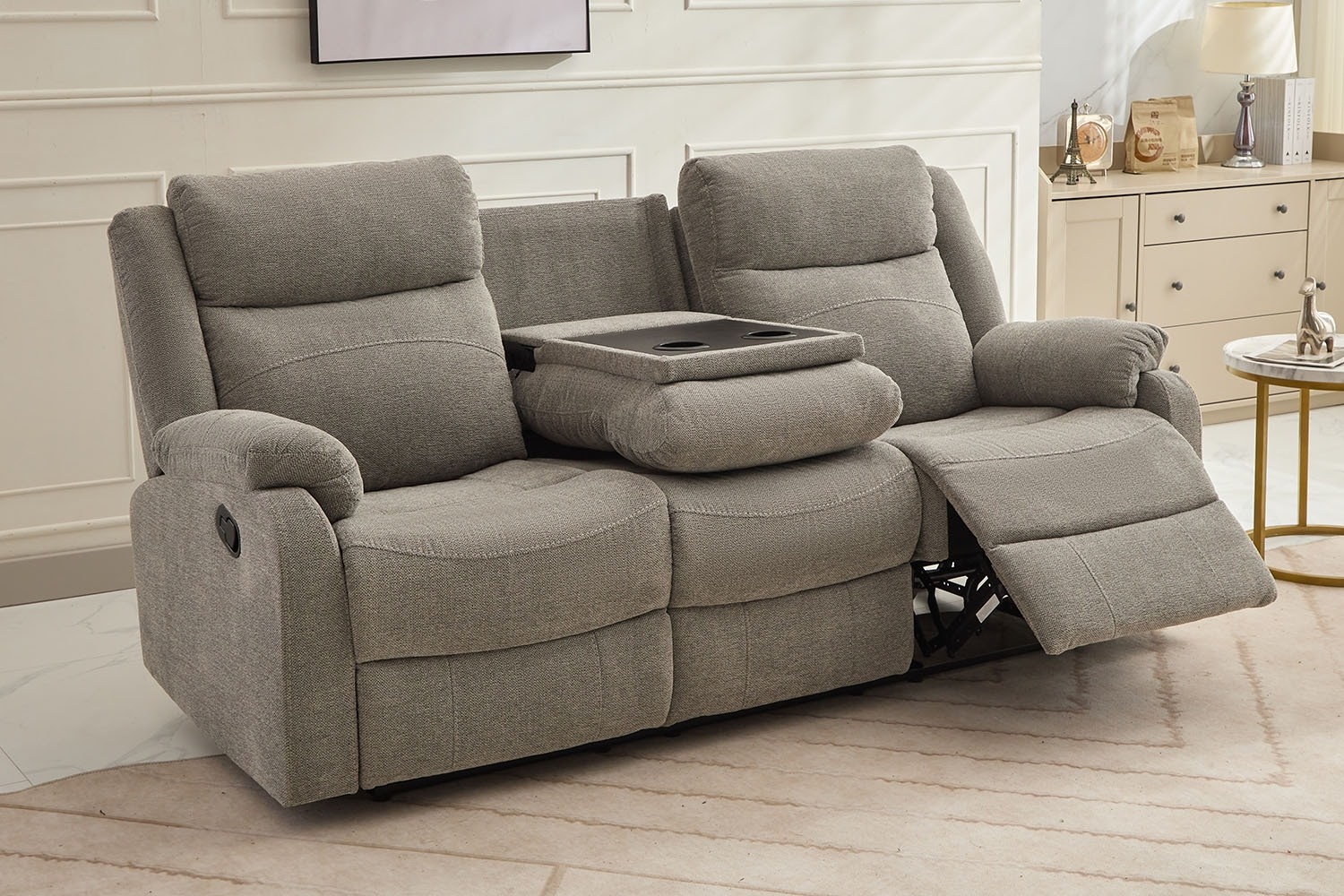 Ellena Light Grey 3 Seater Recliner Sofa with Table | Furniture World