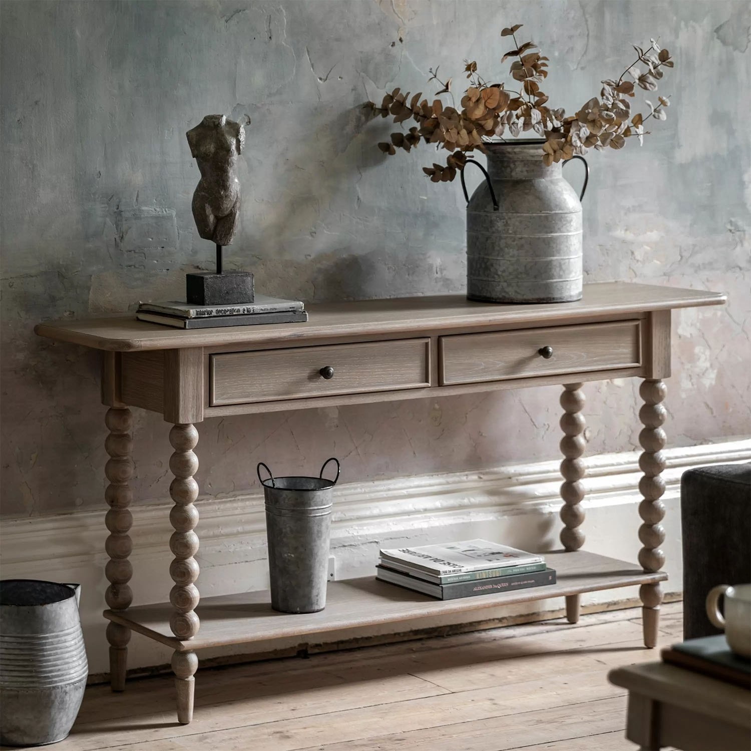 Gallery Direct Artisan Limewash Oak Console Table with Bobbin Detail ...
