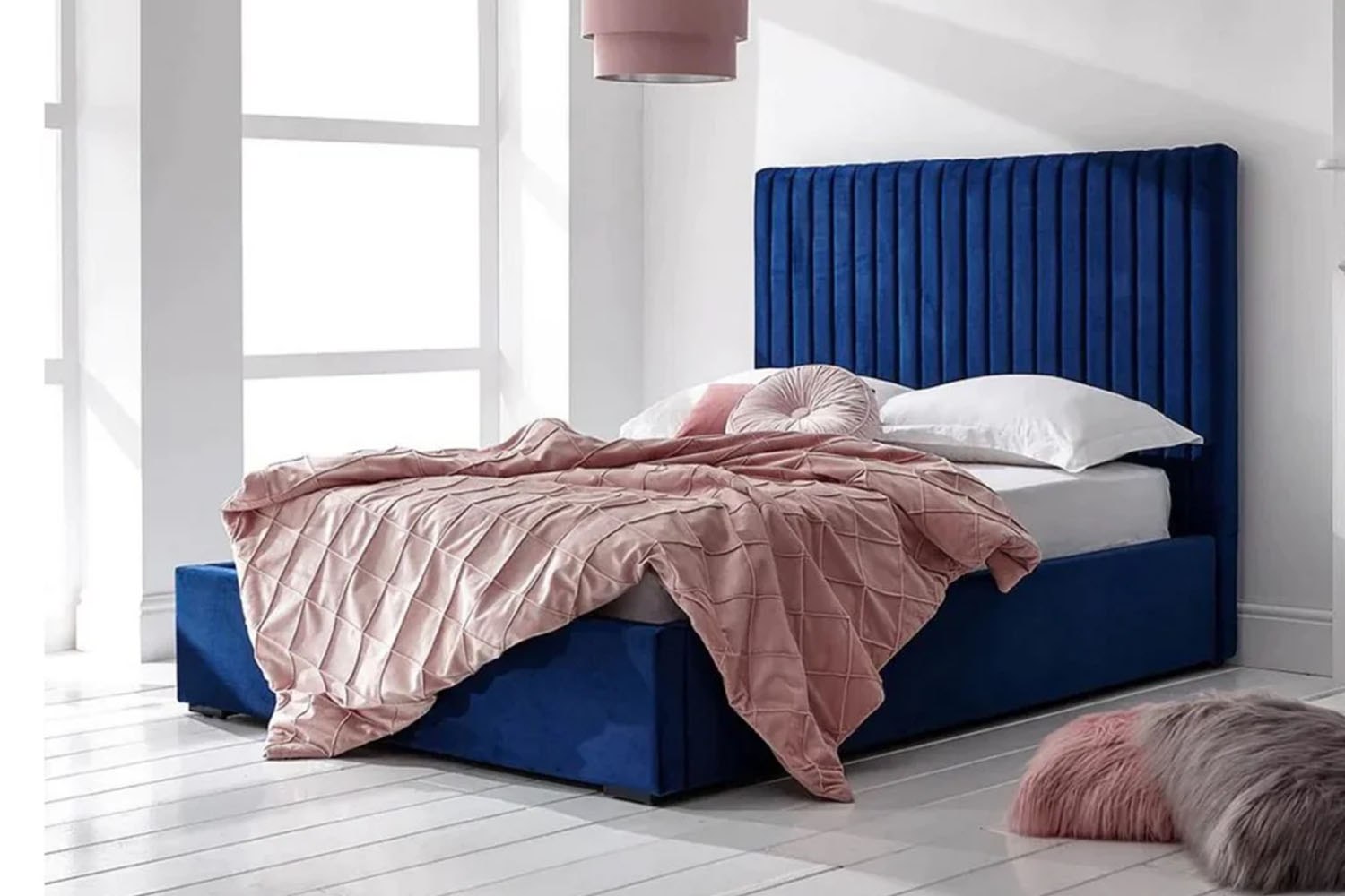 Saffron Plush Velvet Fabric Bedframe With Panelled Headboard ...