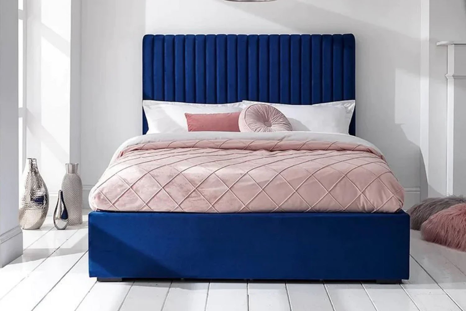 Saffron Plush Velvet Fabric Bedframe With Panelled Headboard ...