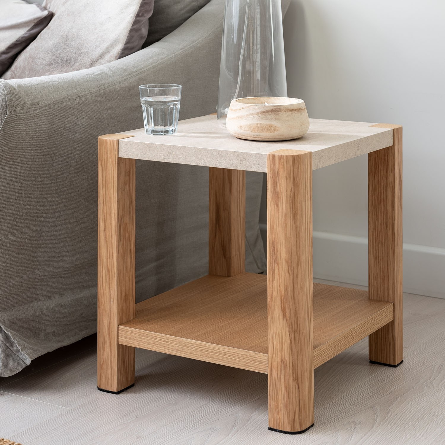 Arlo Natural Oak Side Table with Travertine Ceramic Top | Furniture World