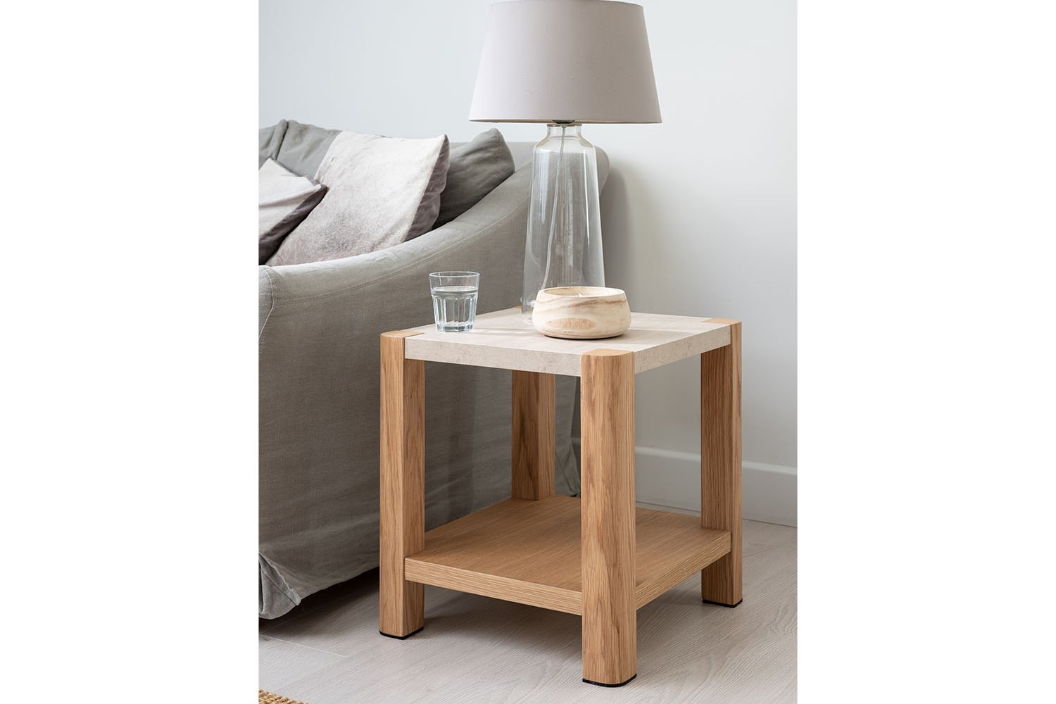 Arlo Natural Oak Side Table with Travertine Ceramic Top | Furniture World