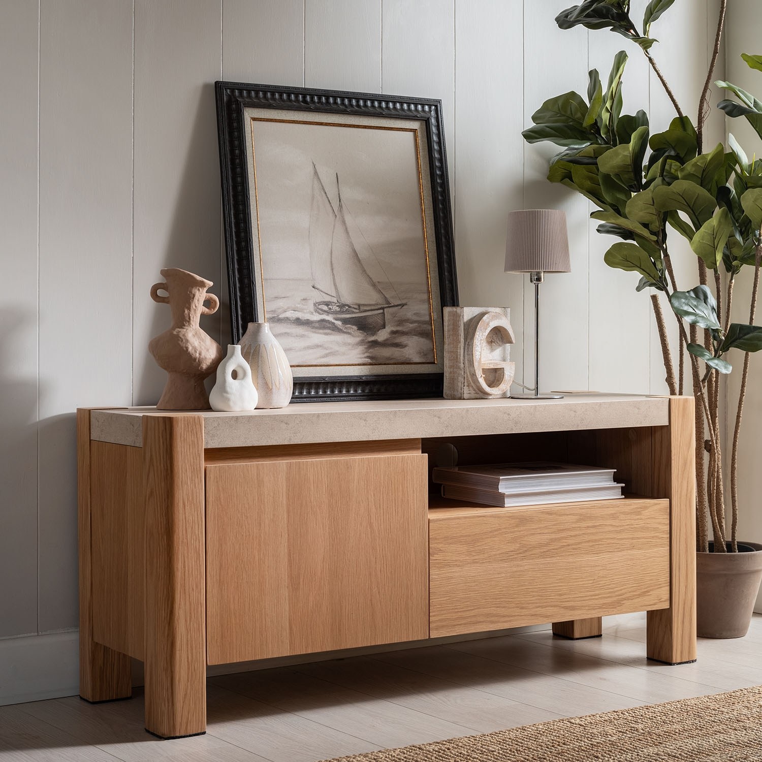 Arlo Natural Oak TV Unit with Travertine Ceramic Top | Furniture World