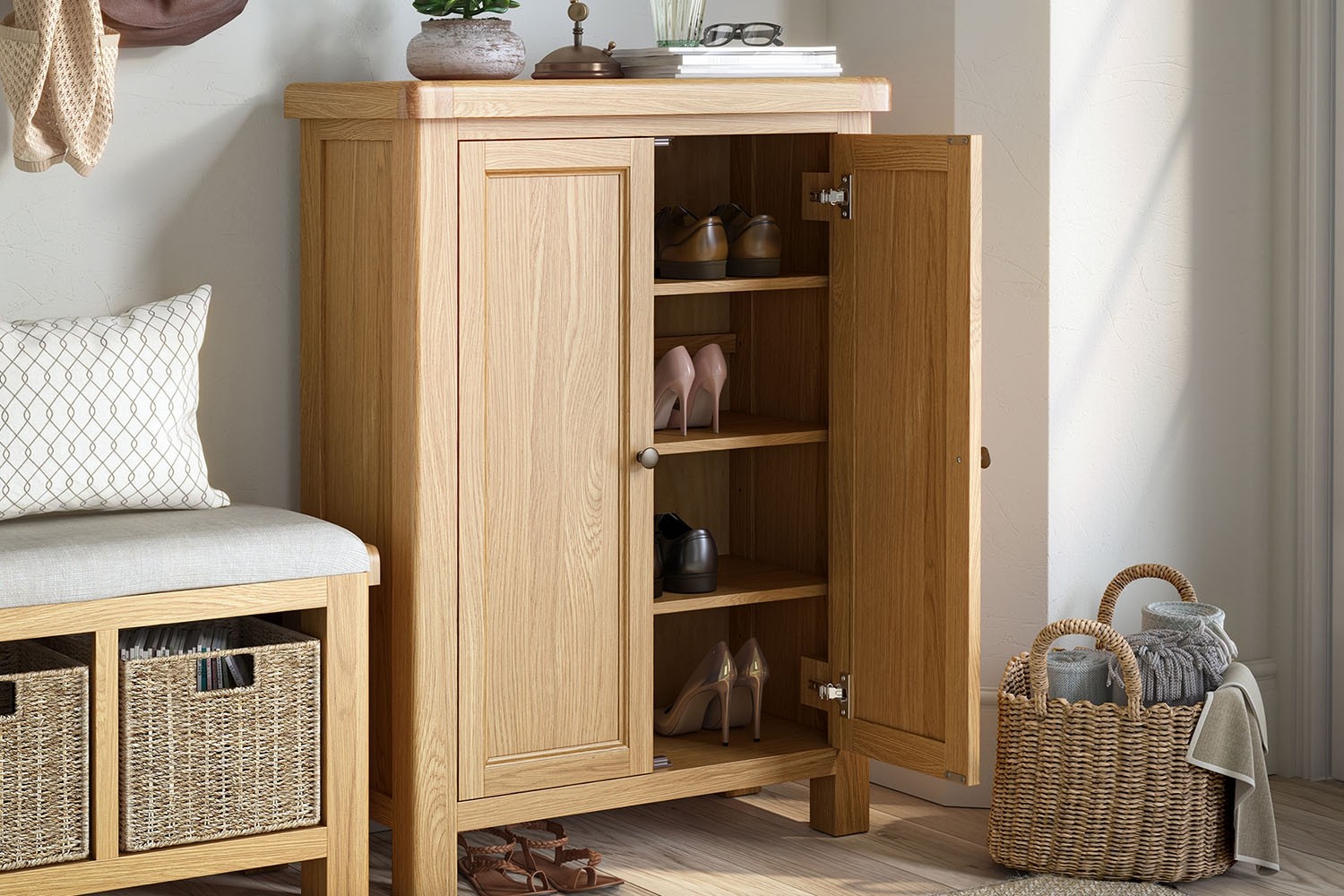 Normandy Penzance Chunky Country Oak Shoe Storage Cabinet | Furniture World