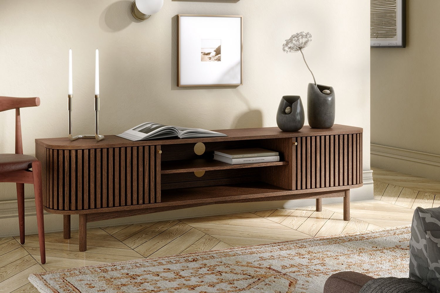 Soho Brown Oak Slatted Large TV Unit - Shorwell | Furniture World