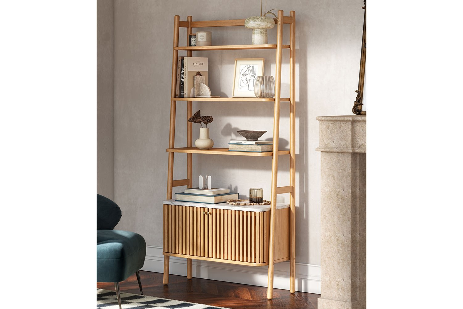 Soho Natural Oak Slatted Bookcase with Marble Top - Shorwell ...