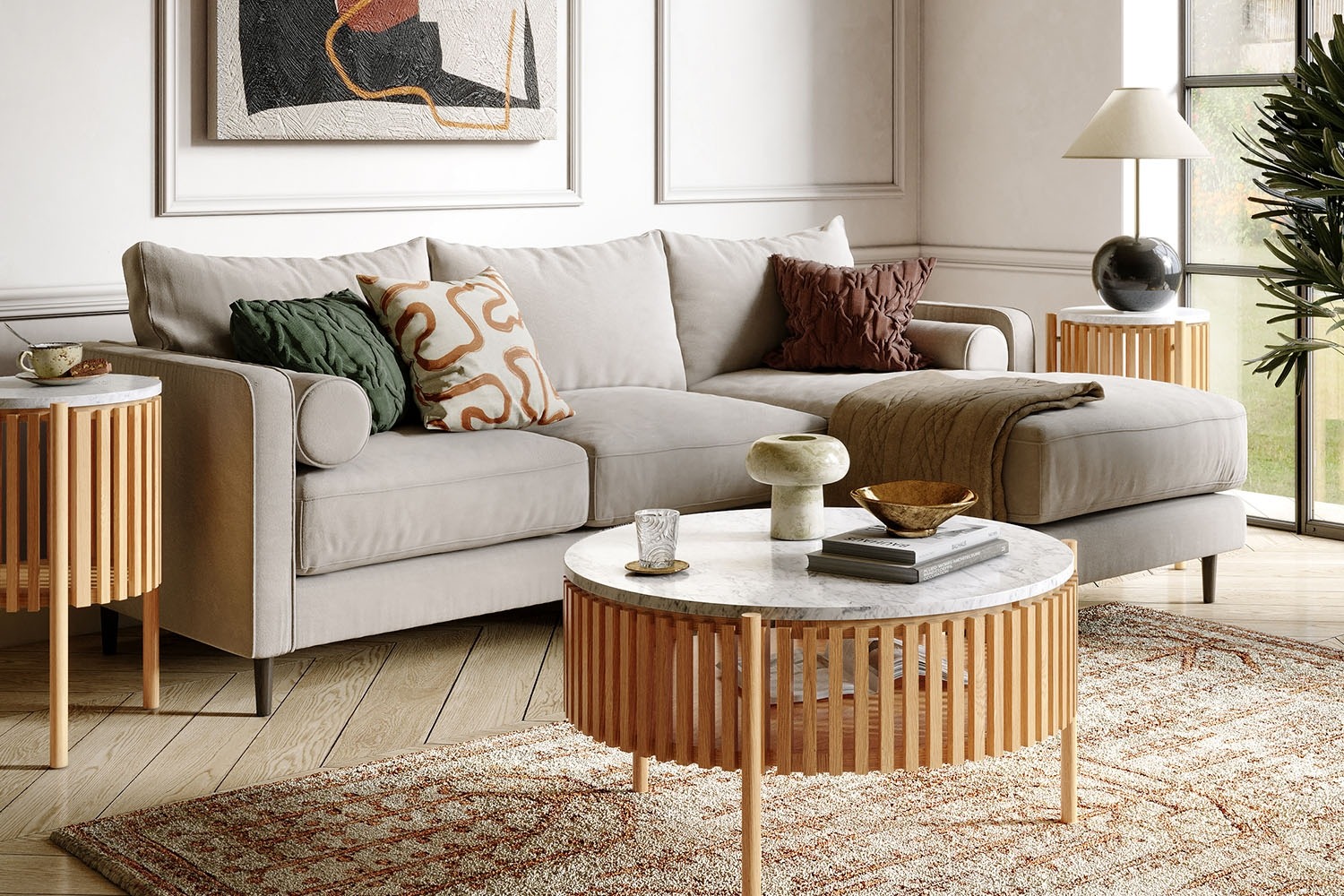Soho Natural Oak Slatted Story Coffee Table with Marble Top - Shorwell ...