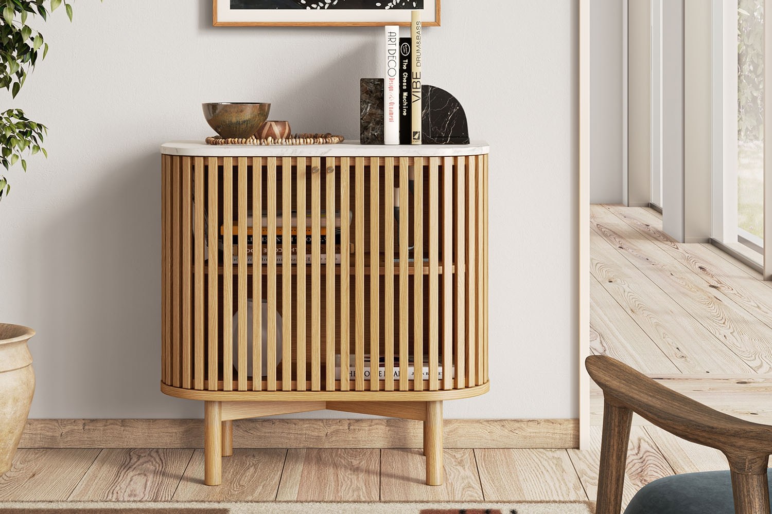 Soho Natural Oak Slatted Cupboard with Marble Top - Shorwell ...
