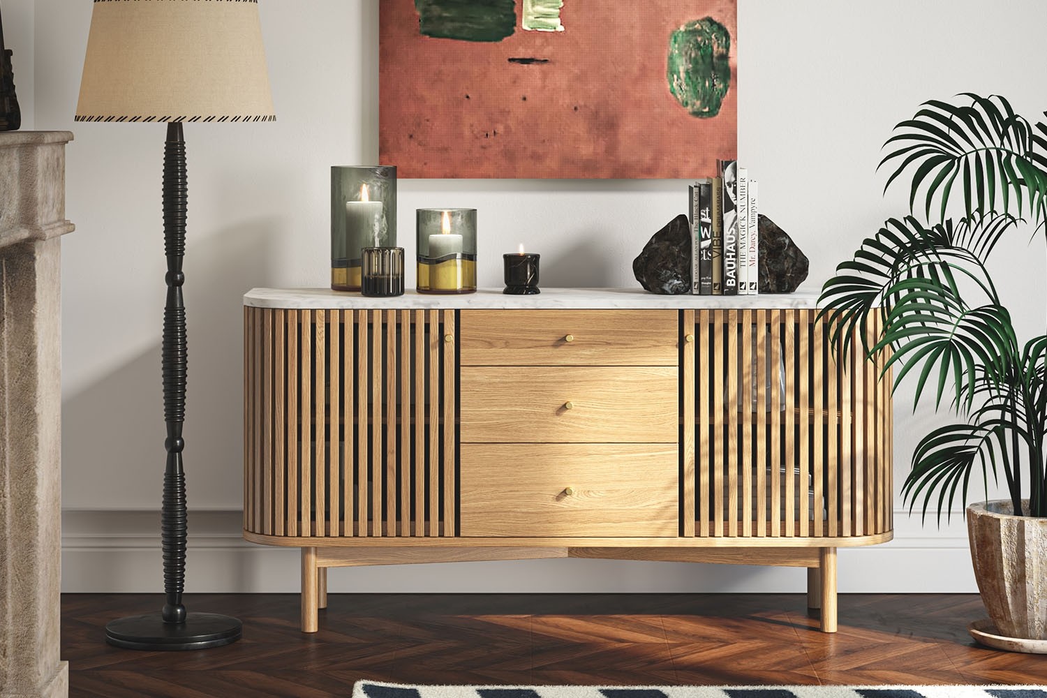 Soho Natural Oak Slatted Sideboard with Drawers & Marble Top - Shorwel ...