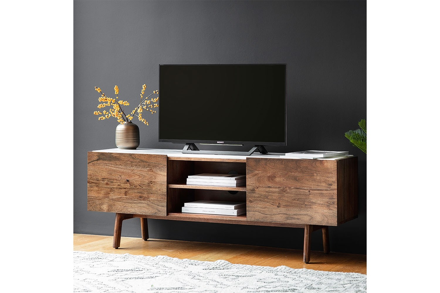Gallery Direct Barcelona Dark Wood Media TV Unit with Marble Top ...