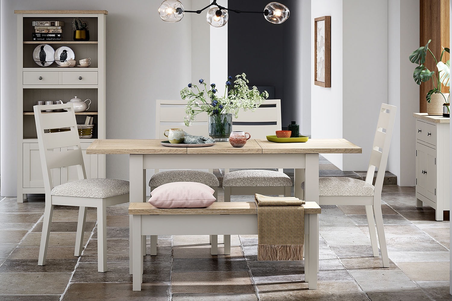 Modern Country Painted Oak Coconut White Ext Dining Table Set with 4 ...