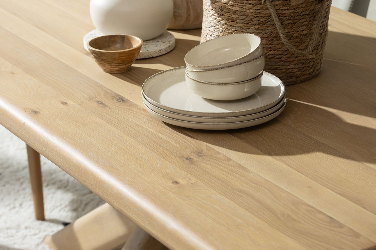 Flynn Natural Oak 200cm Star Base Dining Table Set Inc 180cm Bench & 4 ...