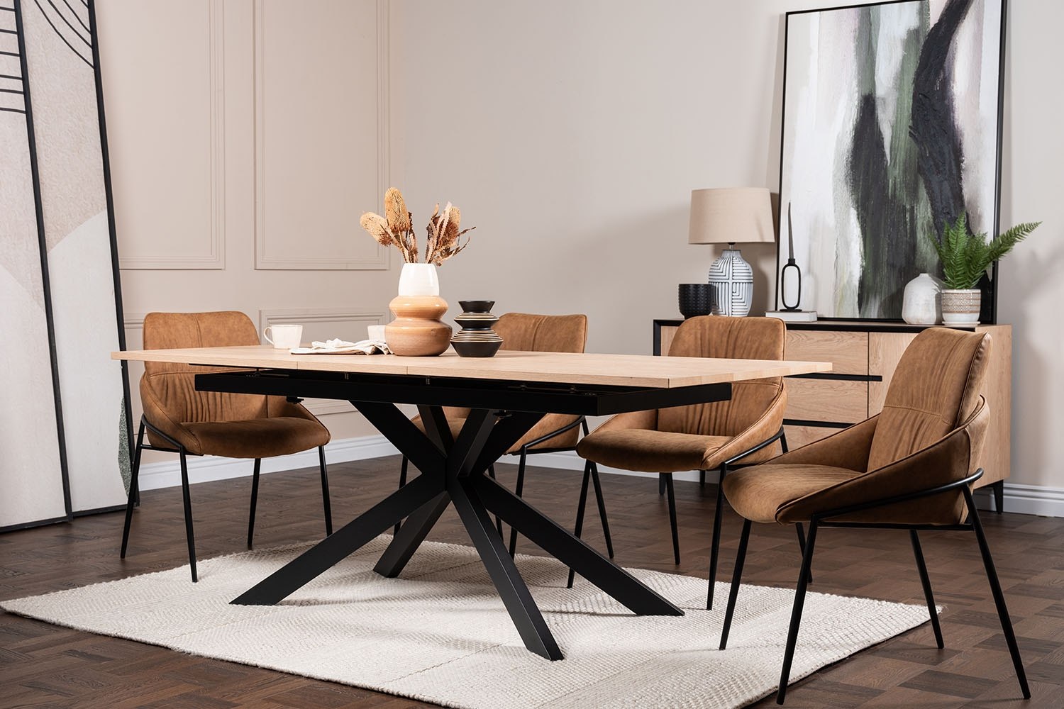 Jaxon Oak Finish 160-220cm Ext Dining Table Set with x4 Jackson Chairs ...