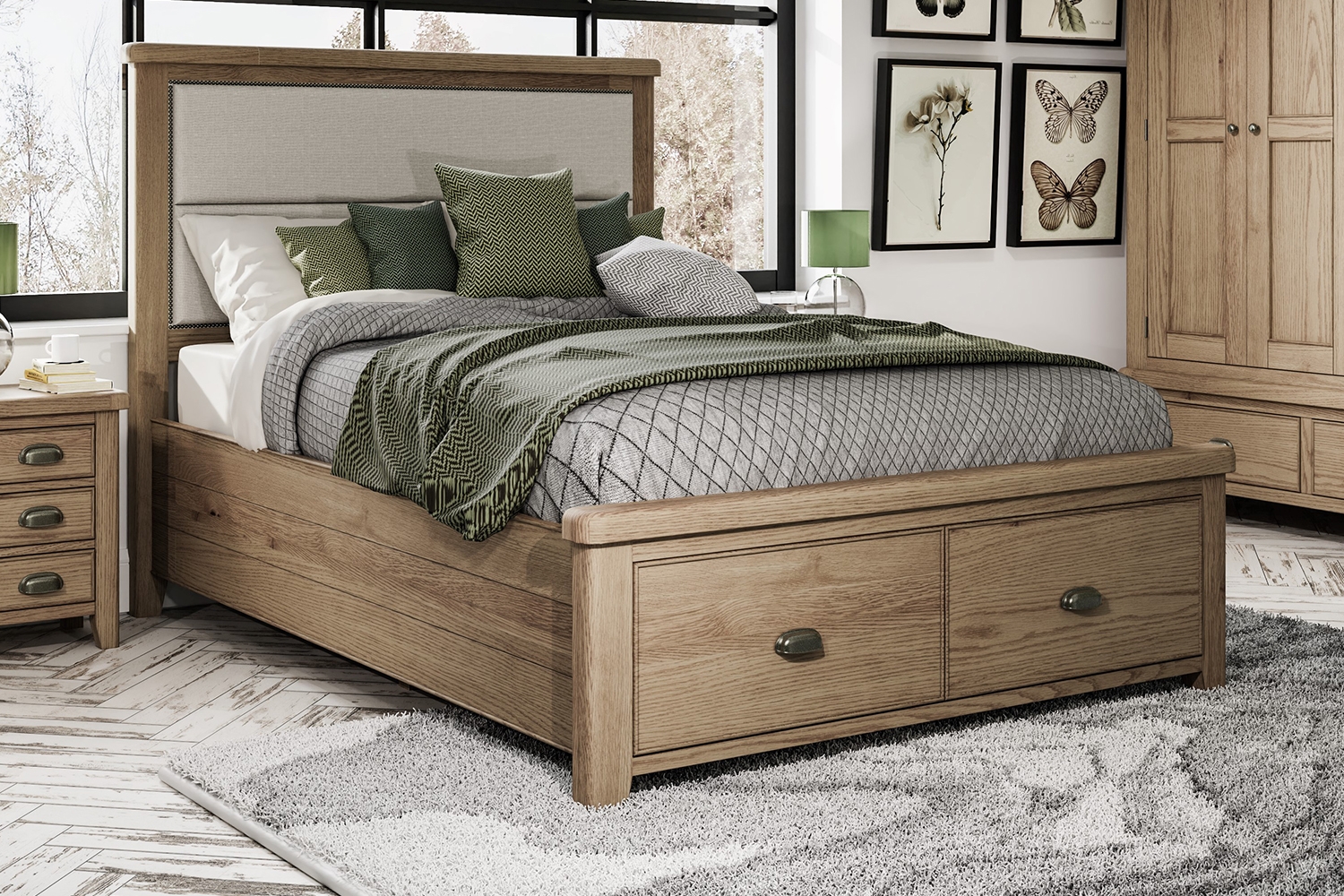 Smoked Oak Bed with Fabric Headboard and Drawers Furniture World