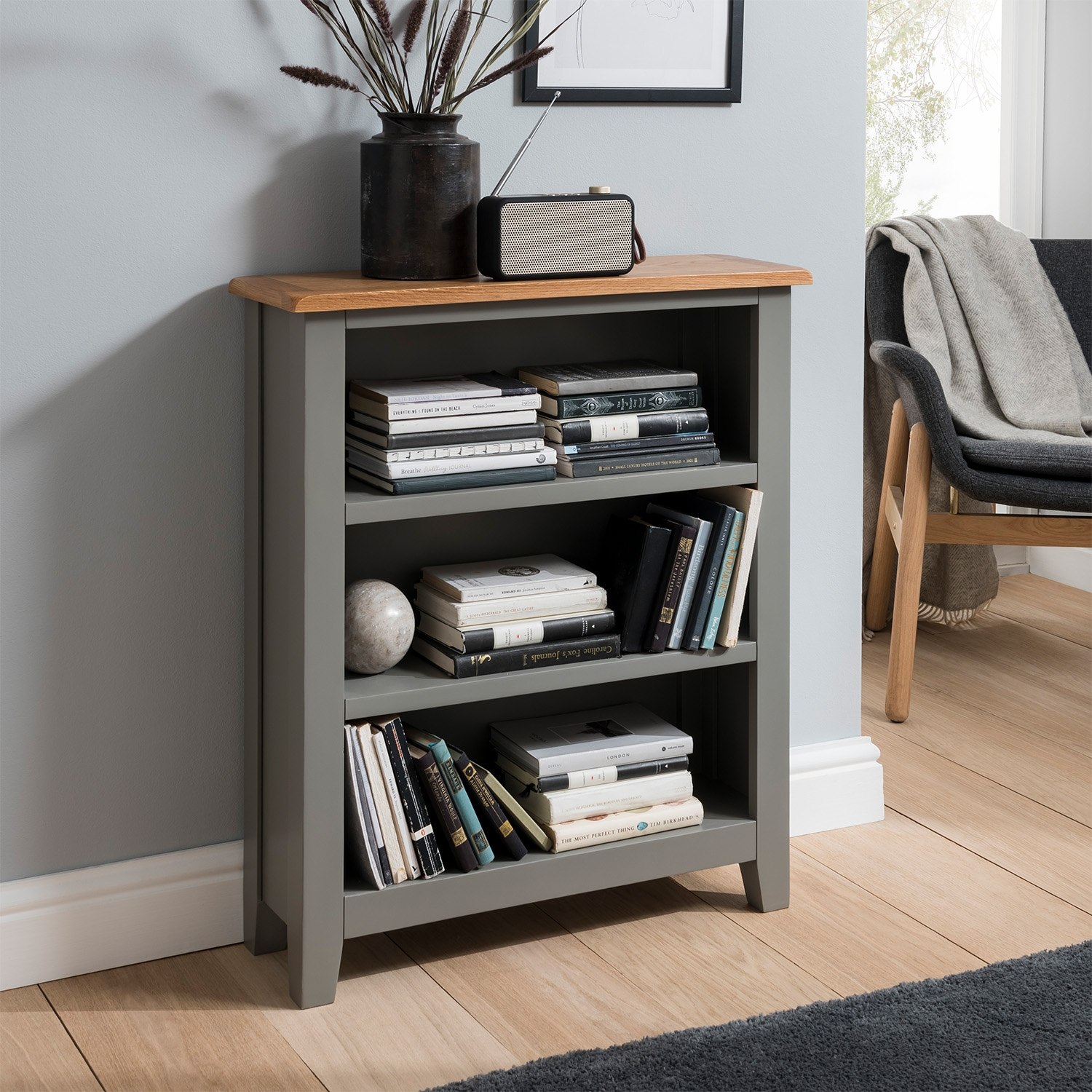Chester Oak Painted Grey - Low Bookcase 70cm Wide| Moles Breath Grey ...