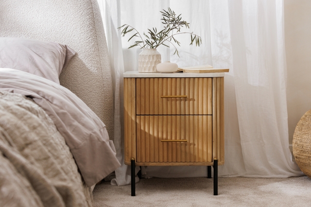 Rufus Reeded Mango Wood Marble 2 Drawer Bedside Table