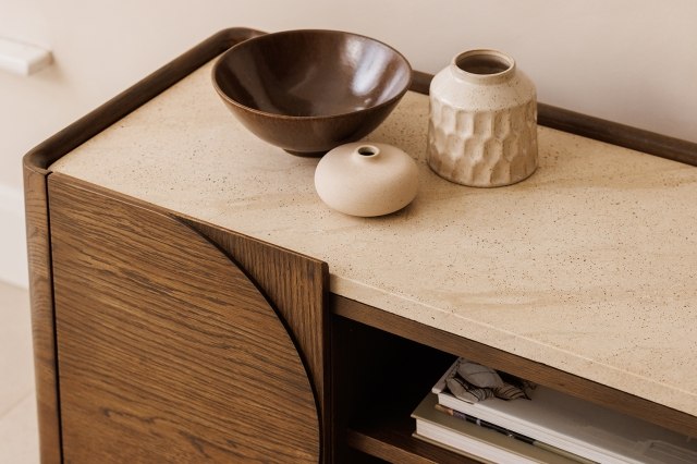 Idless Walnut Finish TV Unit with Travertine Stone IDA | Furniture World